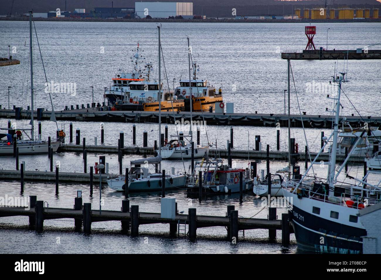 Sassnitz, Germany. 05th Oct, 2023. Ships are moored in the city port of ...