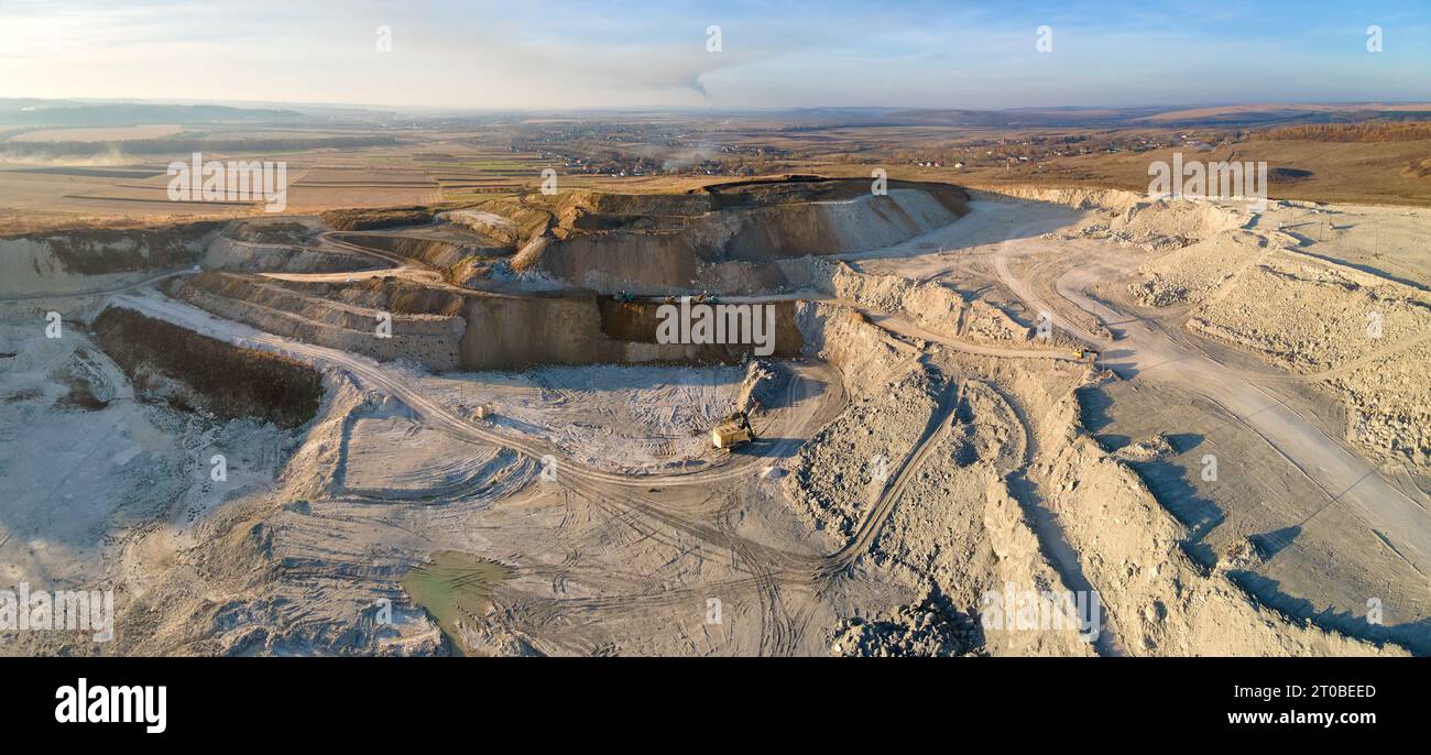 Aerial view of open pit mining site of limestone materials for ...