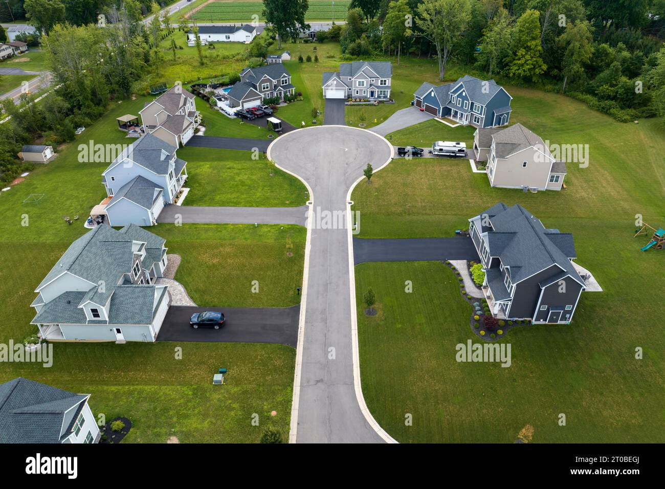 Aerial view of private residential houses in rural suburban sprawl area ...