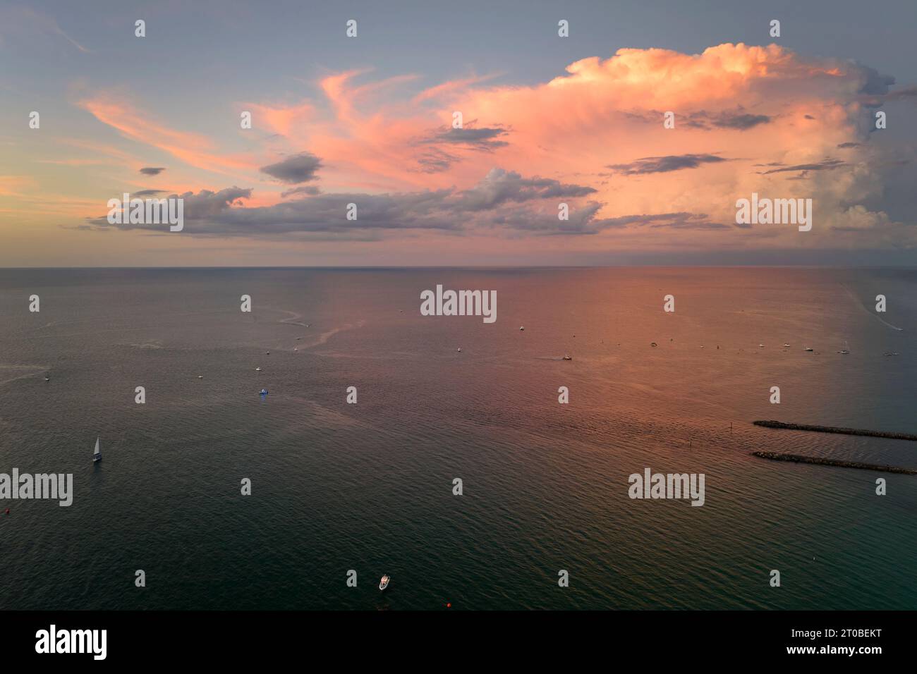 Aerial view of sea shore near Venice, Florida with white yachts at ...