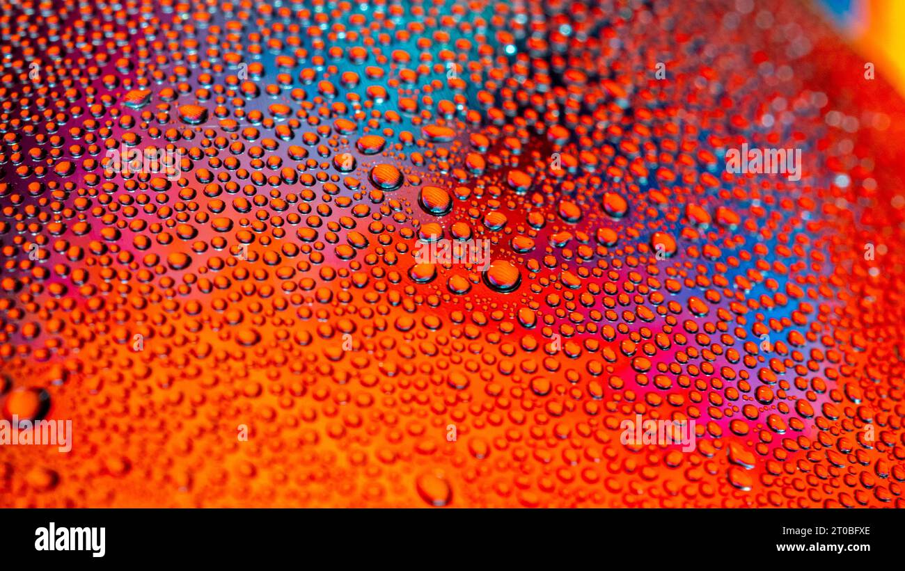 Macro of water drops over a colorful red, pink, yellow and orange ...
