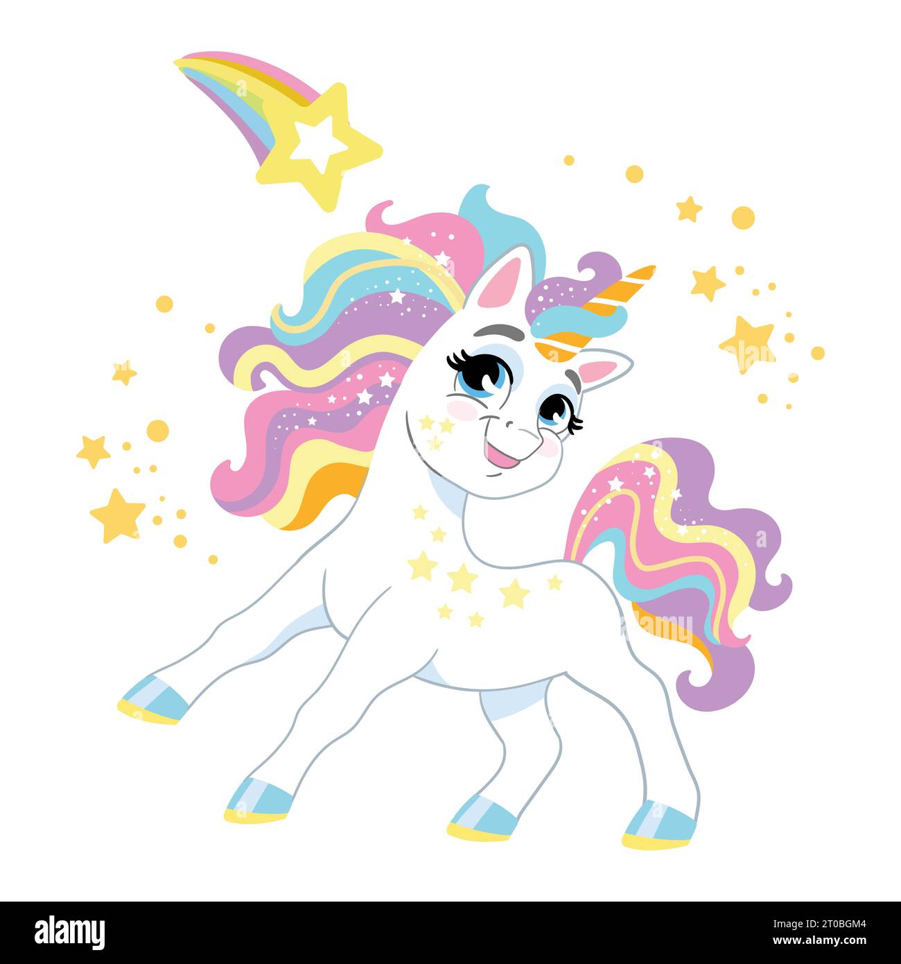 Cute cartoon character happy unicorn with rainbow mane and tail. Vector illustration isolated on ...