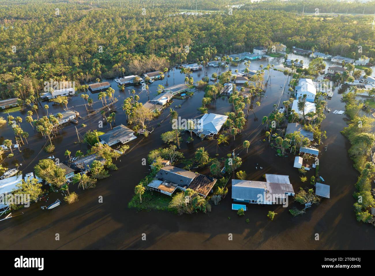 Consequences of natural disaster. Heavy flood with high water ...