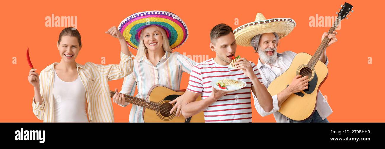 Different Mexican people on orange background Stock Photo - Alamy