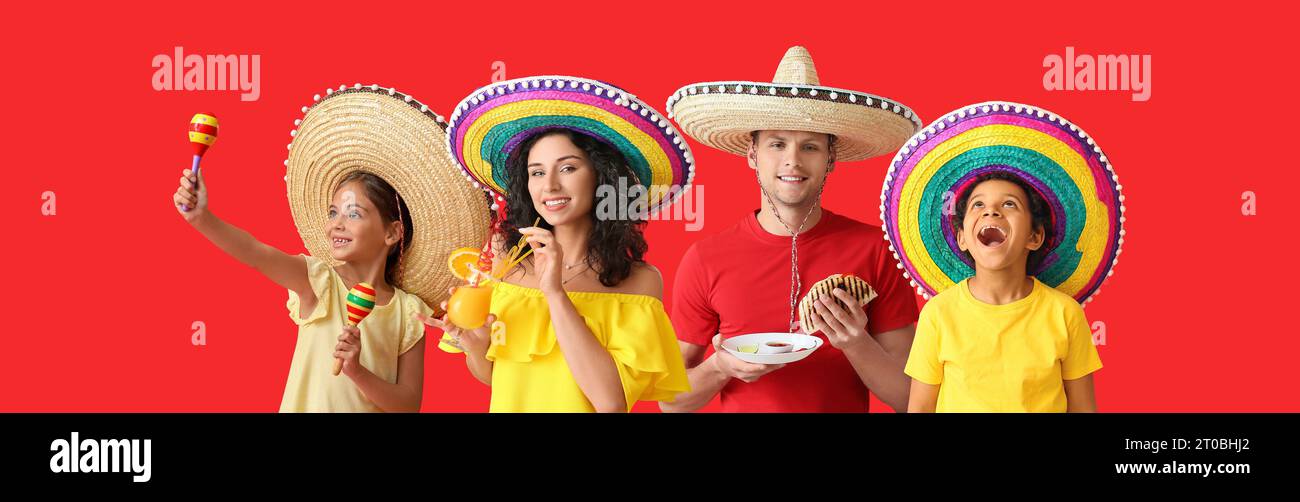 Different Mexican people on red background Stock Photo - Alamy