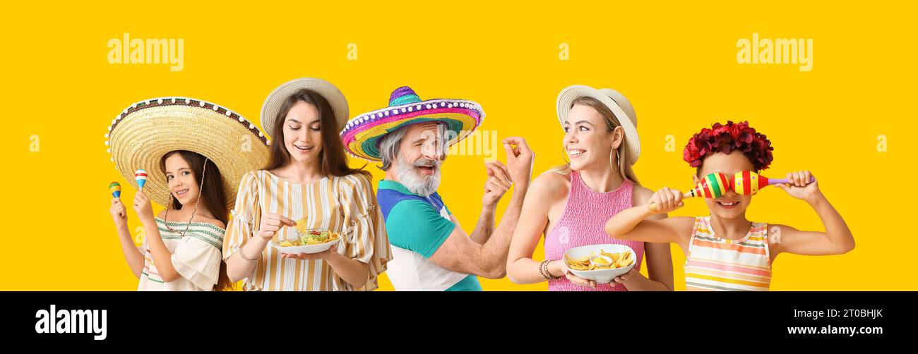 Different Mexican people on yellow background Stock Photo - Alamy