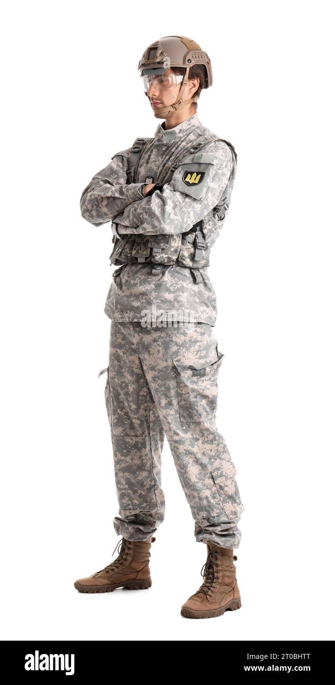 Young male soldier in full gear isolated on white background Stock ...