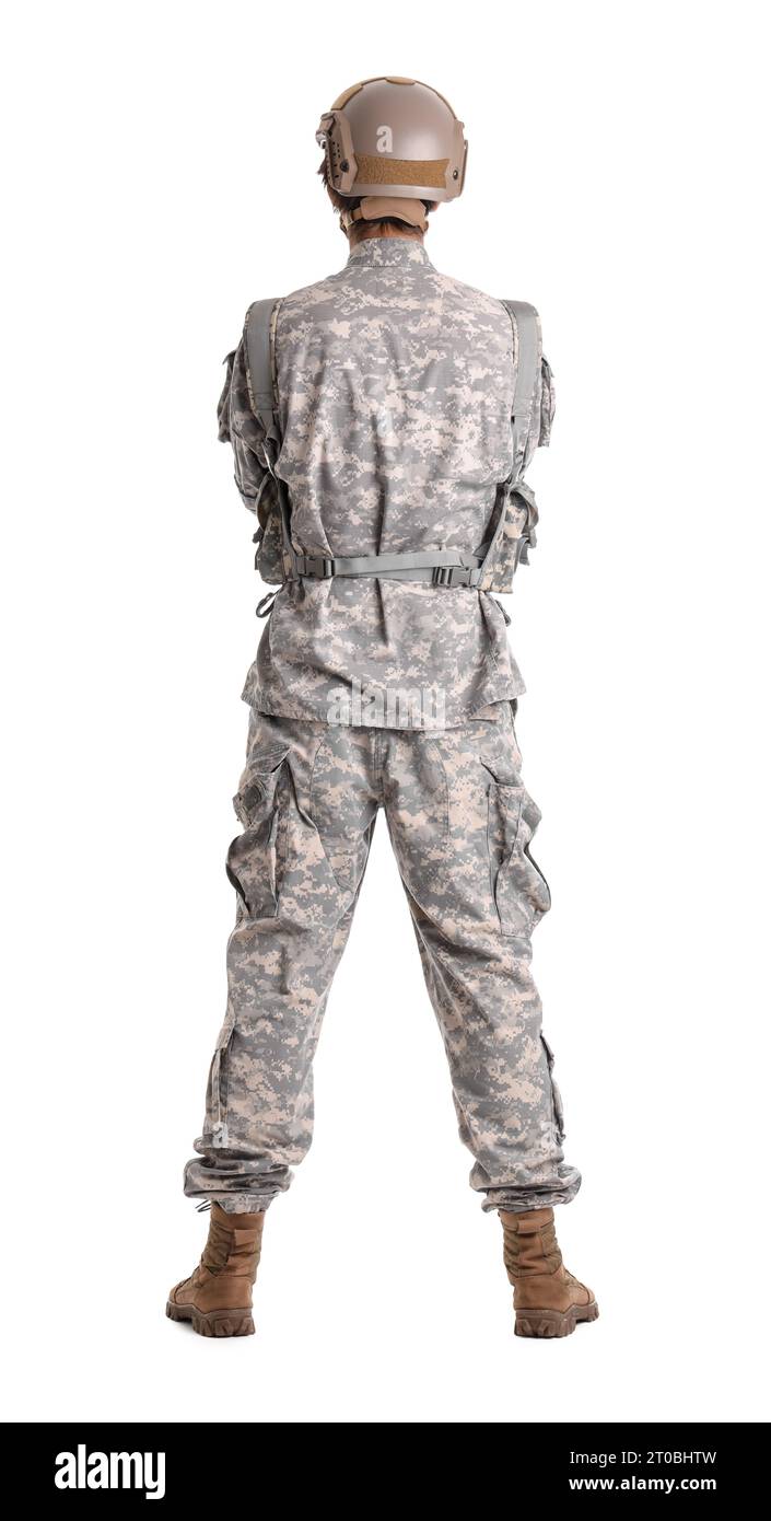 Male soldier in full gear isolated on white background, back view Stock ...