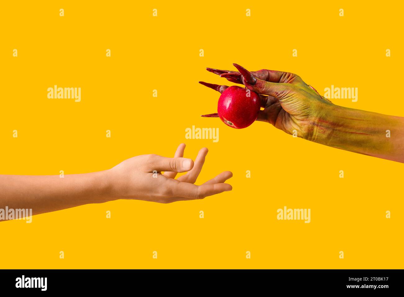 Witch giving poisoned apple on yellow background. Halloween celebration ...