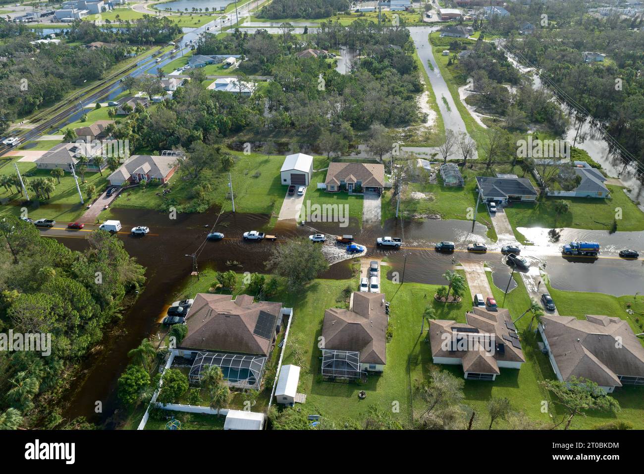 Flooded road in Florida after heavy hurricane rainfall. Aerial view of ...