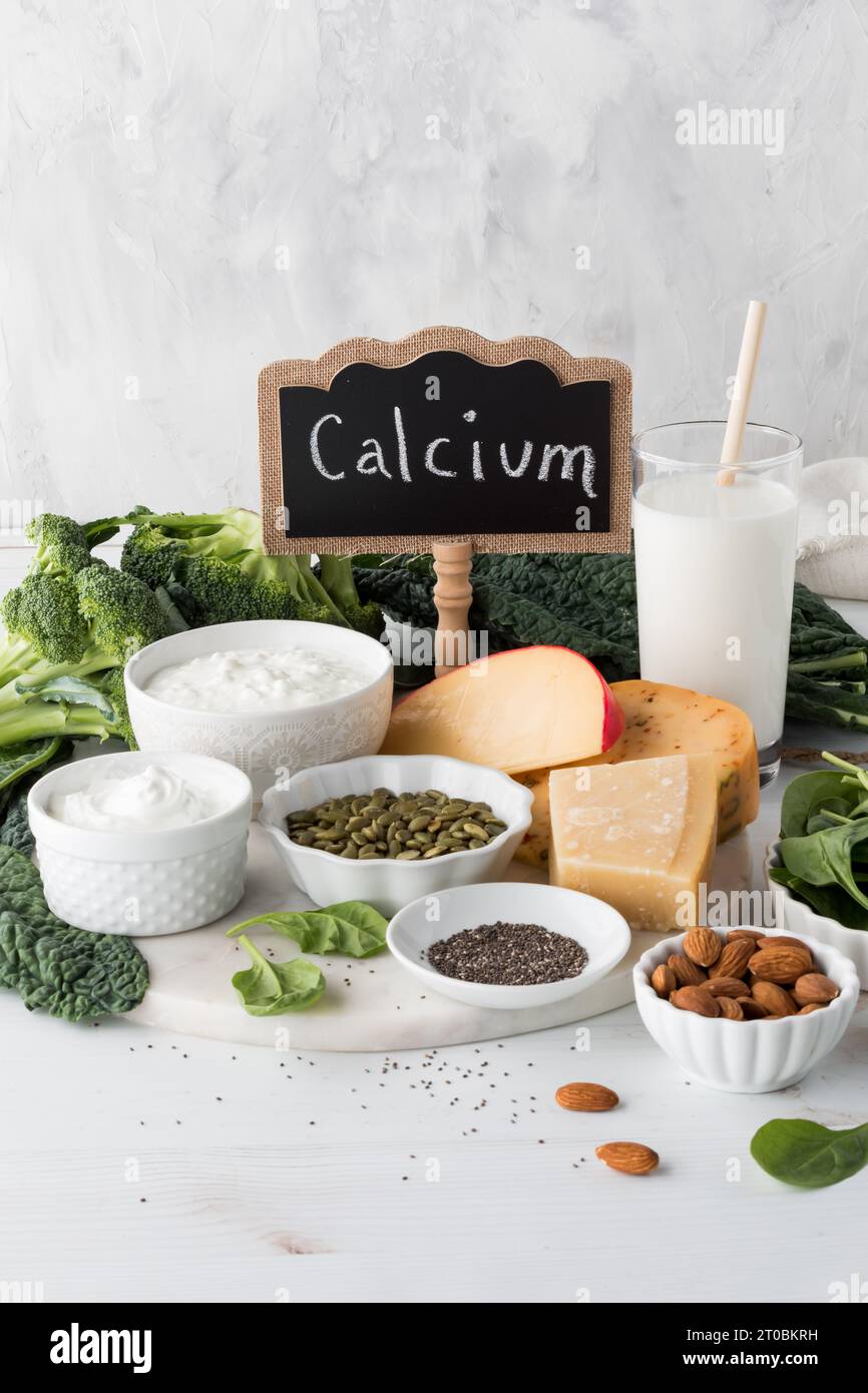 A group of healthy calcium rich foods against a light background Stock ...