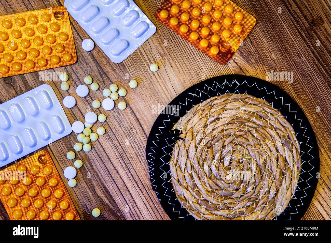 Medicine drugs with round straw mat background modern medicine opioid ...