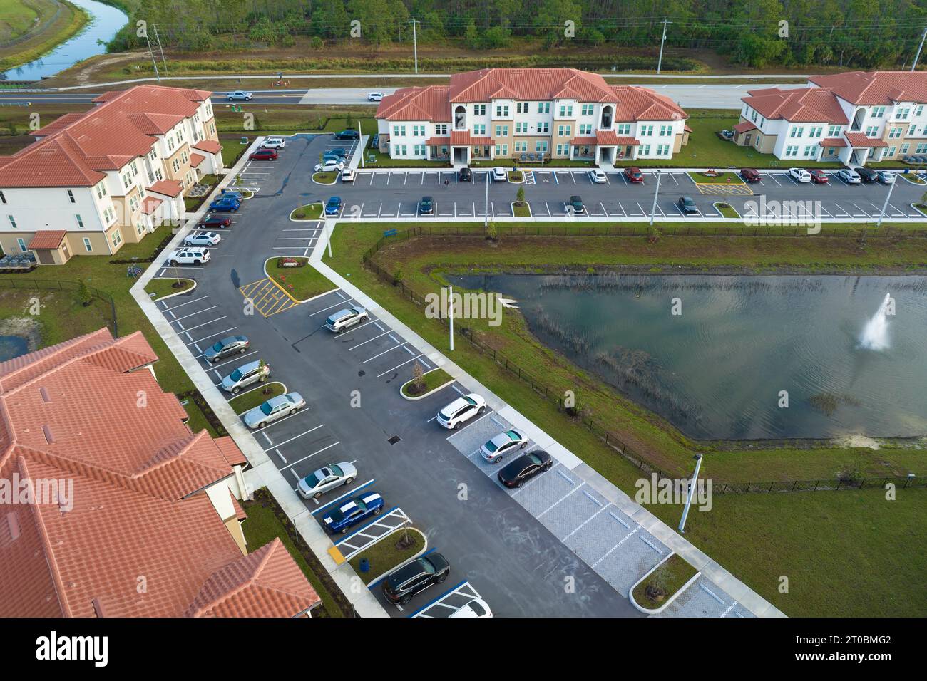 Top view of new apartment condos in Florida suburban area. Family ...