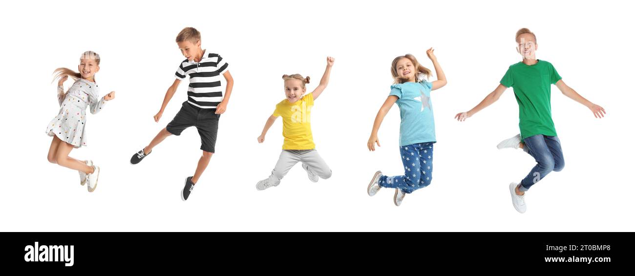 Different kids jumping on white background, collage with photos Stock ...