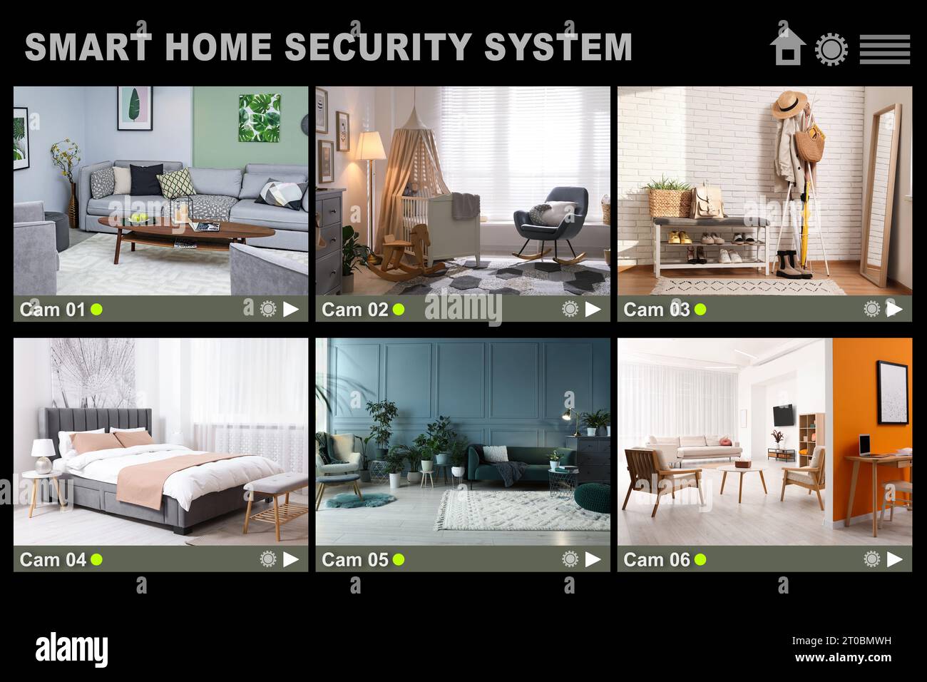 Smart home security system. Different rooms, view from cameras in house ...