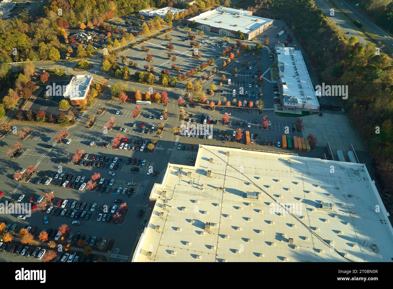View from above of american grocery store with many parked cars on ...