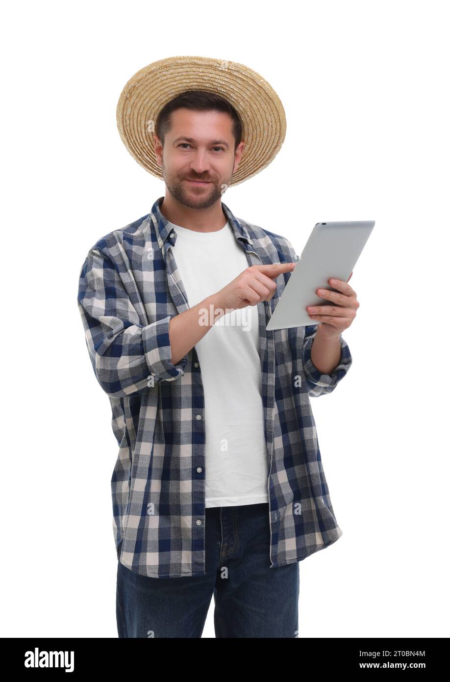 Farmer using tablet on white background. Harvesting season Stock Photo ...