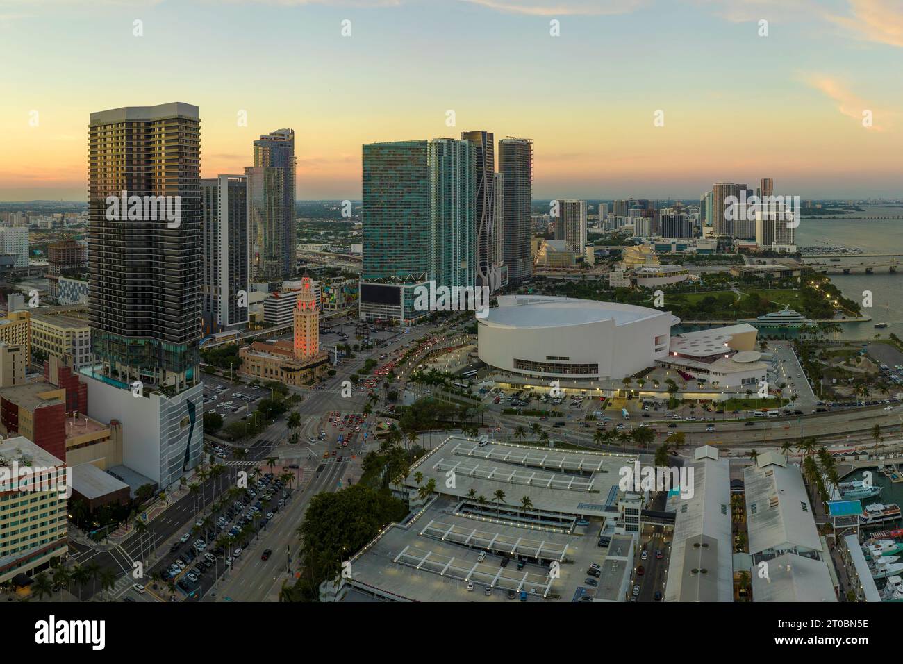 View from above of concrete and glass skyscraper buildings in downtown ...
