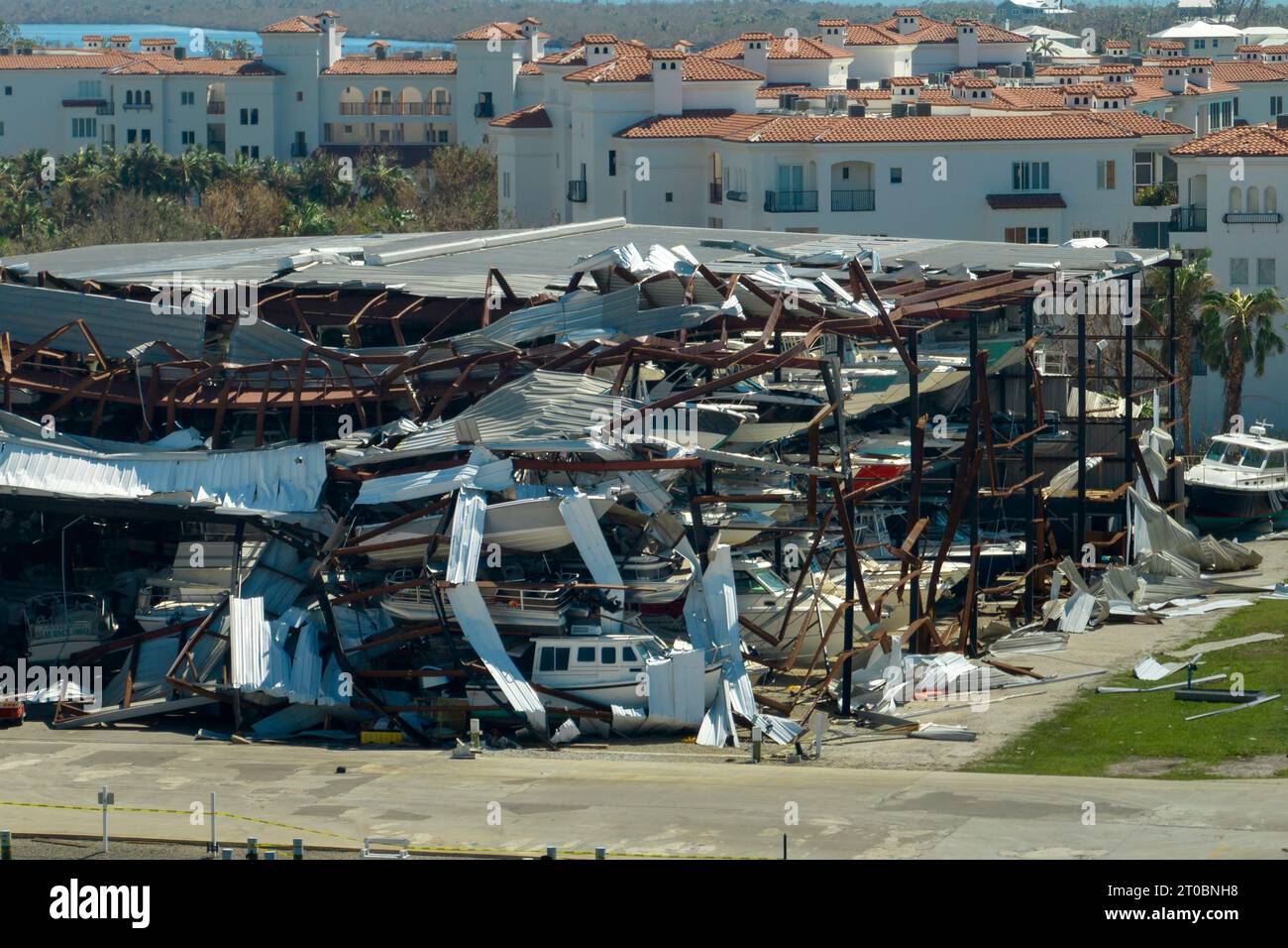 Warehouse with motorboats and yachts destroyed by hurricane winds in ...