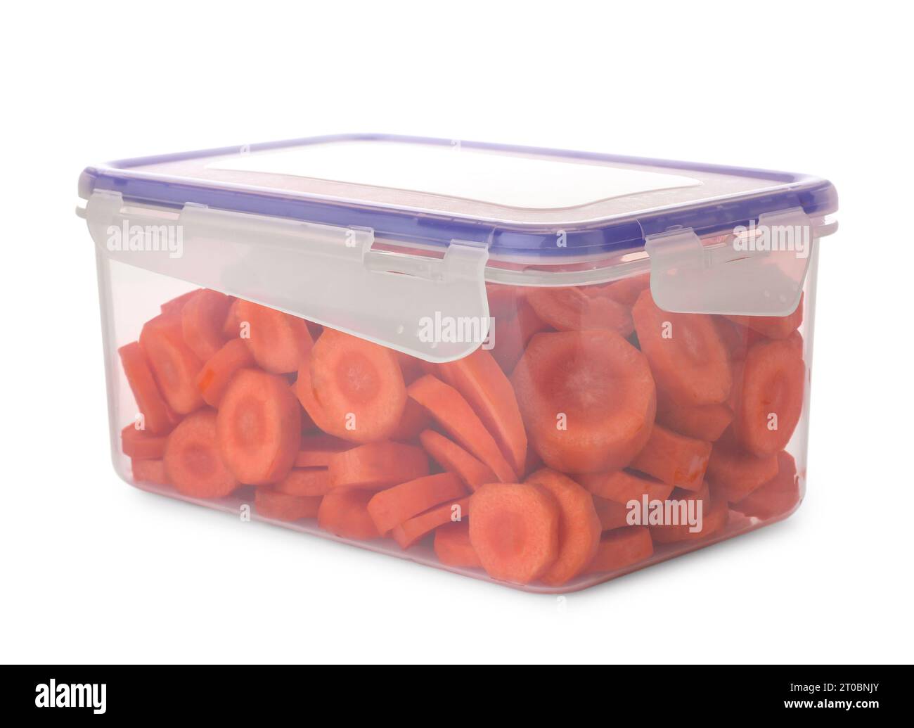Plastic container with fresh cut carrot isolated on white Stock Photo ...