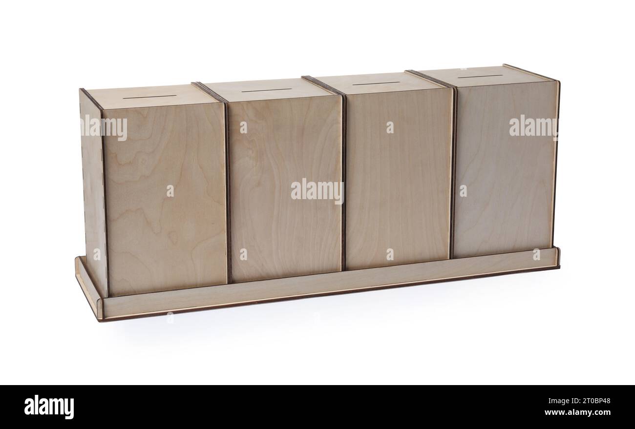 Wooden ballot boxes isolated on white. Election time Stock Photo - Alamy