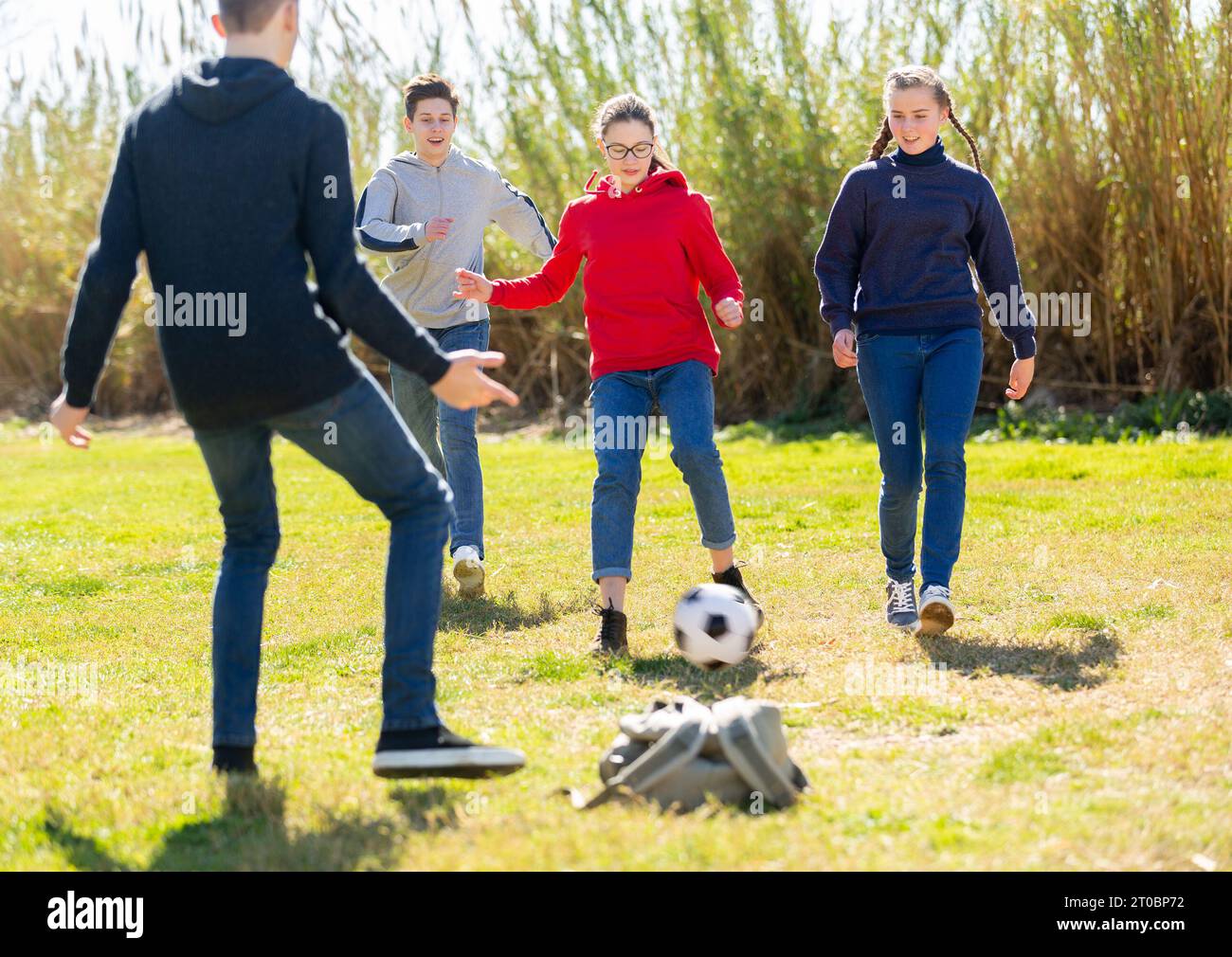 Happy teenagers playing football on green lawn Stock Photo - Alamy