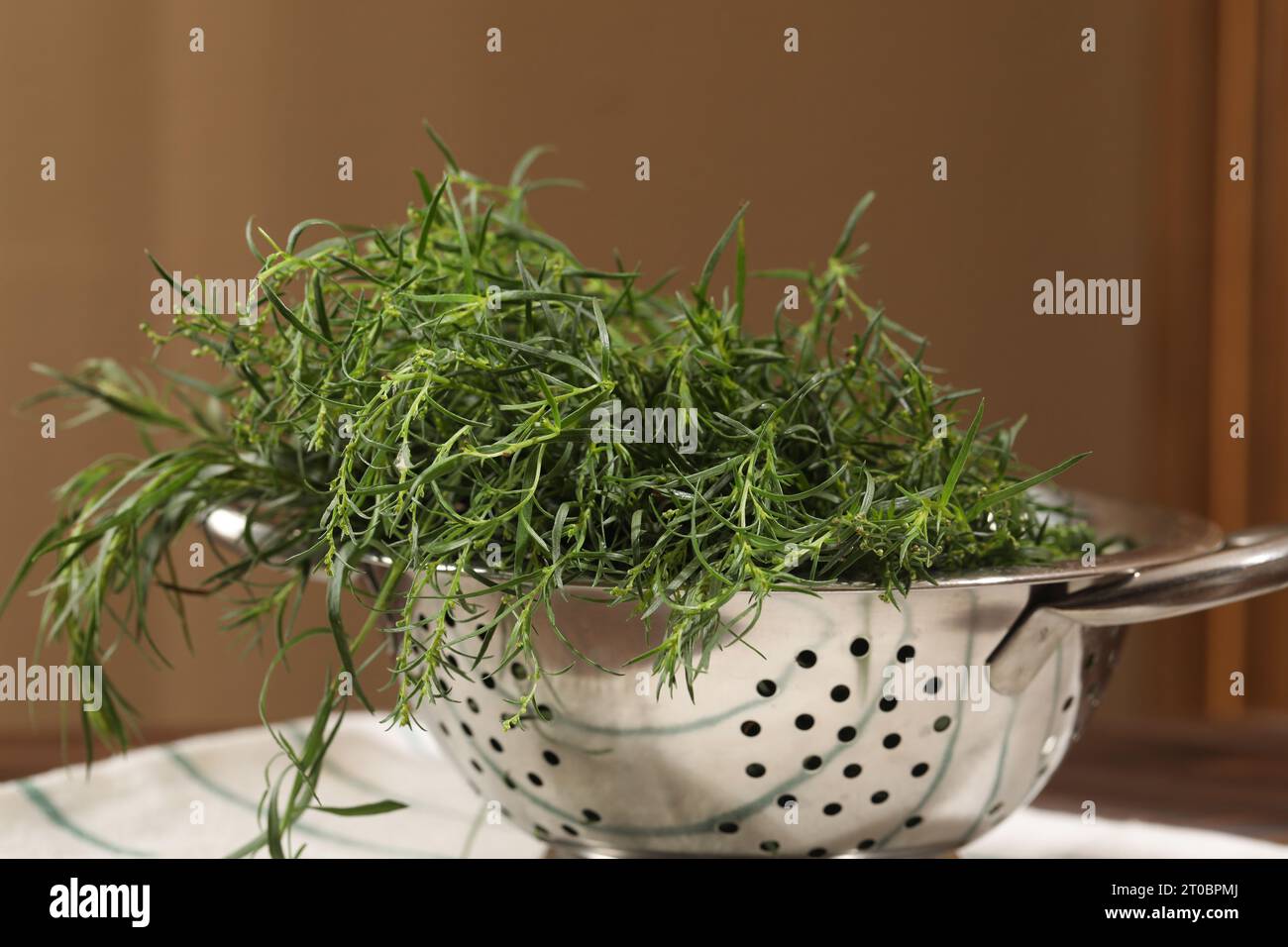 Colander with fresh tarragon leaves on table, closeup Stock Photo - Alamy