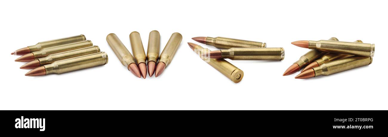 Set of many bullets on white background. Firearm ammunition Stock Photo ...