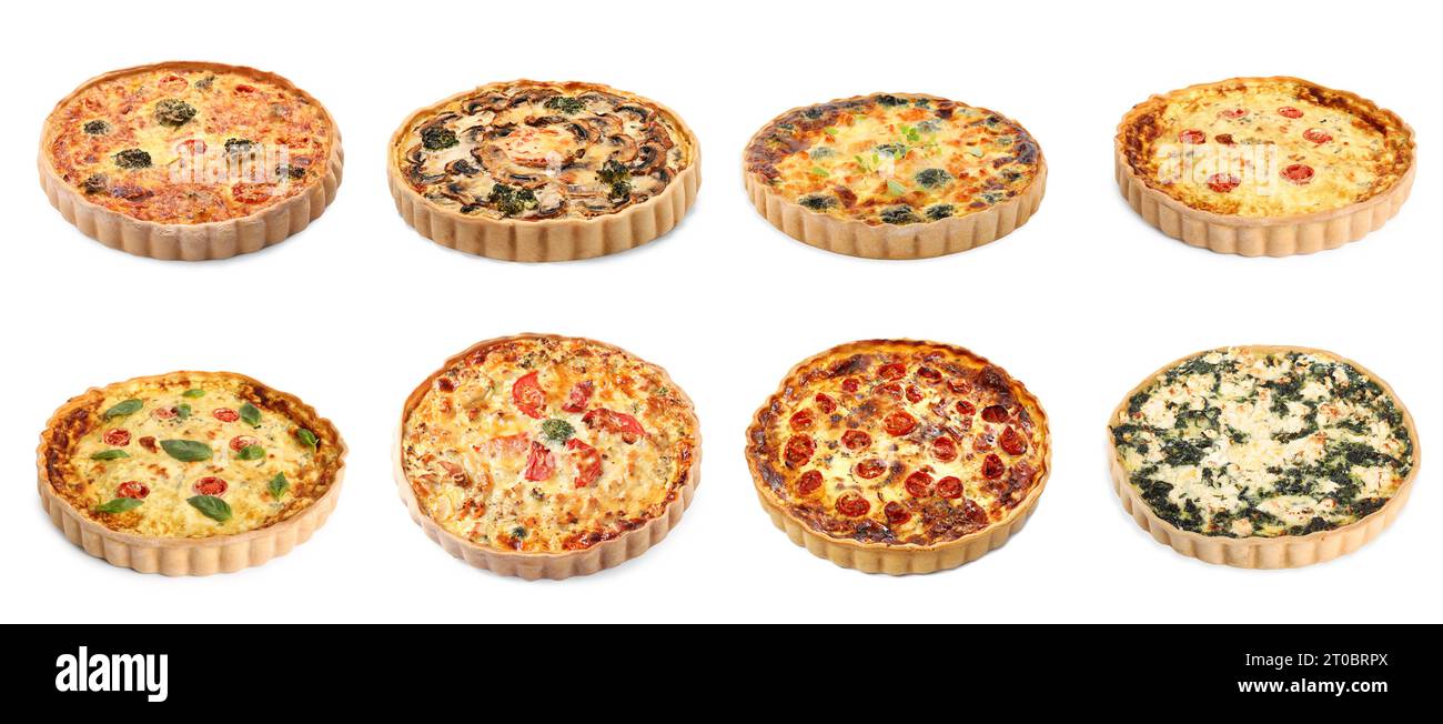 Different tasty quiches isolated on white, set Stock Photo - Alamy