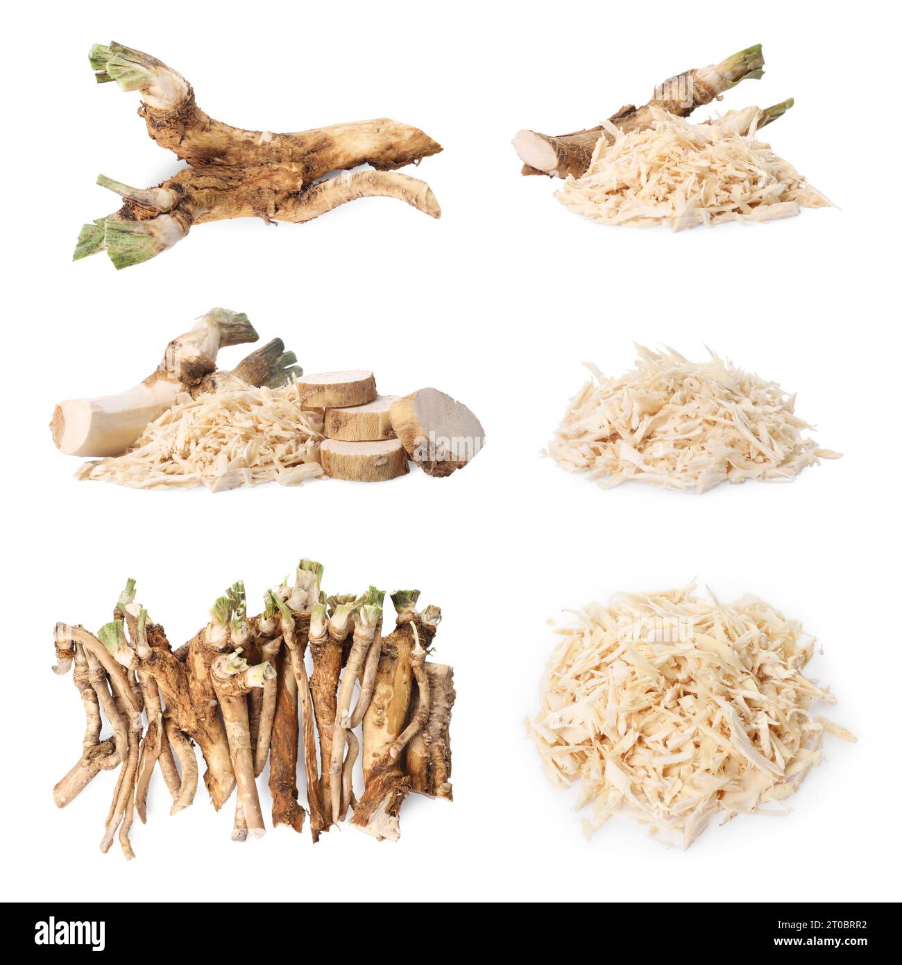 Roots, grated and cut horseradish isolated on white, collage design ...