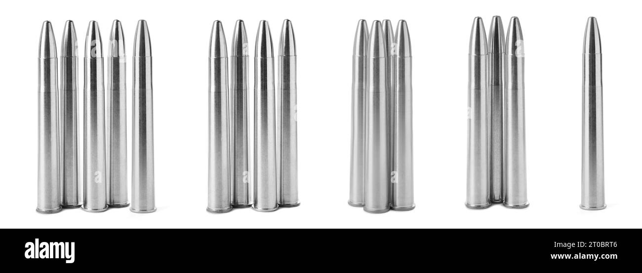 Set of many bullets on white background. Firearm ammunition Stock Photo ...