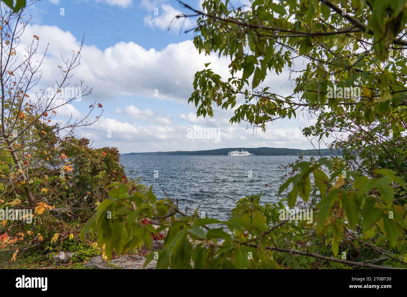 Distant view of cruise ship on Traverse Bay, Lake Michigan, is seen ...