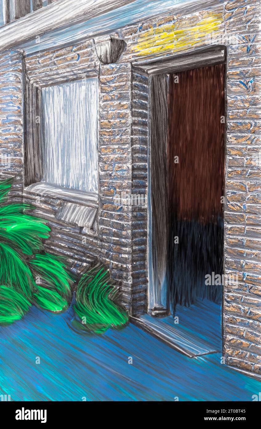 Brick older commercial building entrance with door open shows a window ...