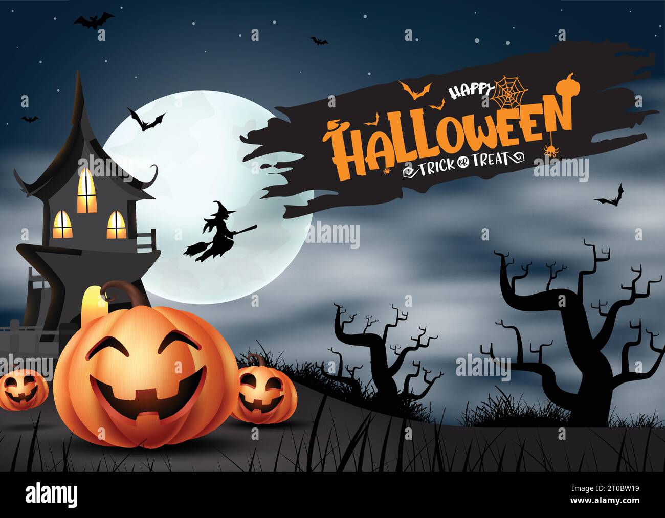 Halloween house vector design. Happy halloween greeting text with ...