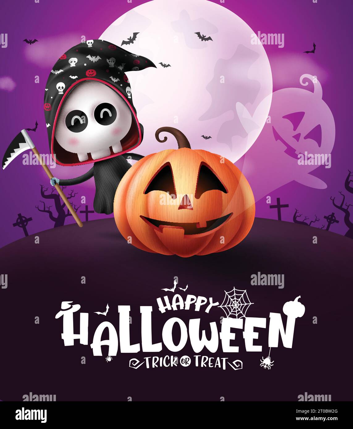 Happy halloween text vector design. Halloween grim reaper and pumpkin ...