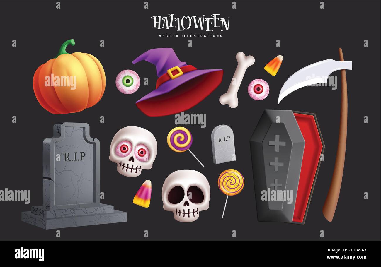 Halloween elements vector set design. Halloween spooky, creepy and ...
