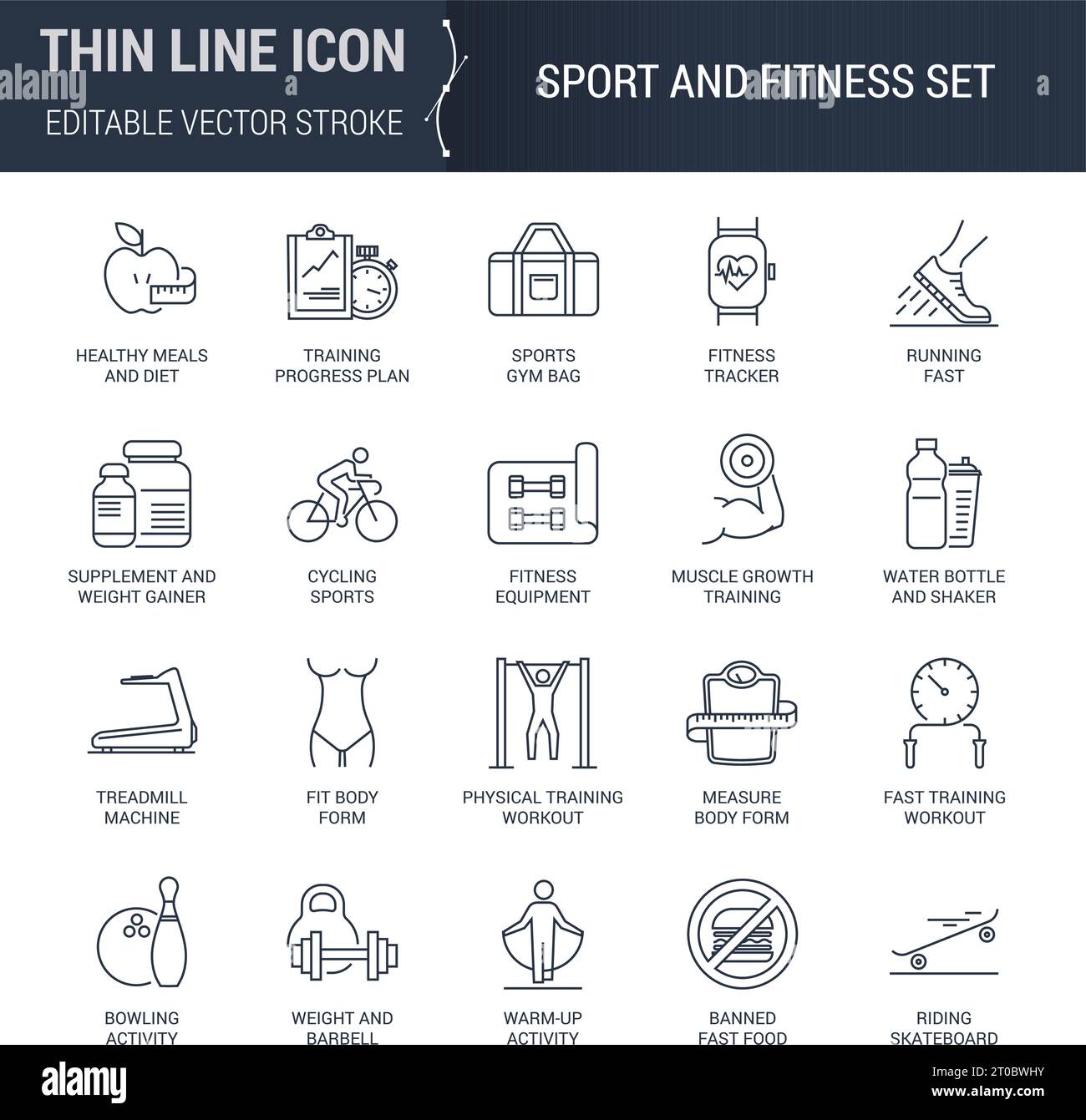 Icons Set of Sport and Fitness. Editable Vector Stroke. Premium Mono ...