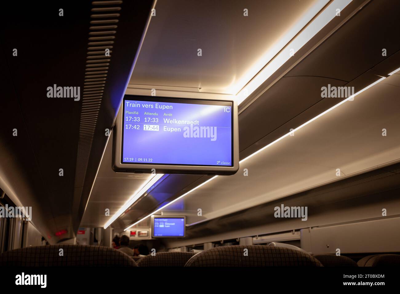 Picture of a train screen in a passengers train indicating the next ...