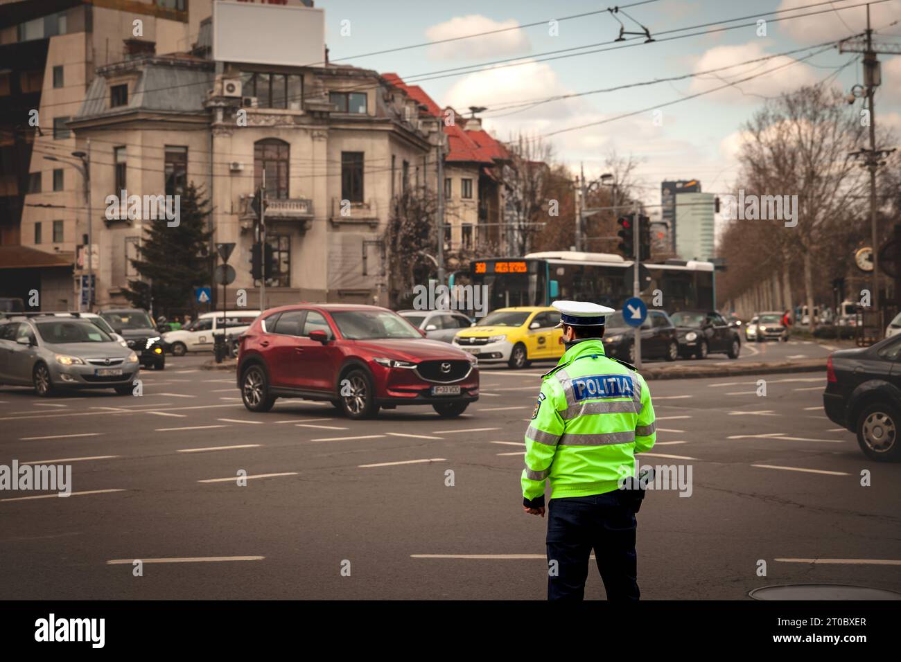 Picture of a Romanain police forces officer standing in Bucharest, in ...