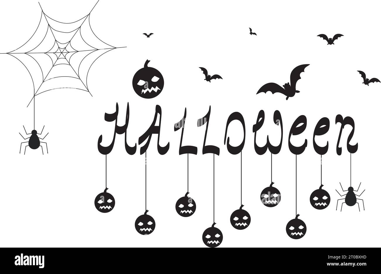 halloween hand drawn calligraphy with hanging pumpkin spider silhouette ...