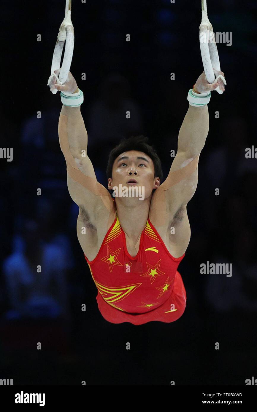 Antwerp, Belgium. 5th Oct, 2023. Sun Wei of China competes on the Rings ...