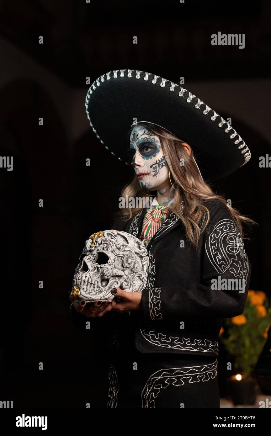 Calavera Catrina sitting on a throne. Sugar skull makeup. Dia de los ...