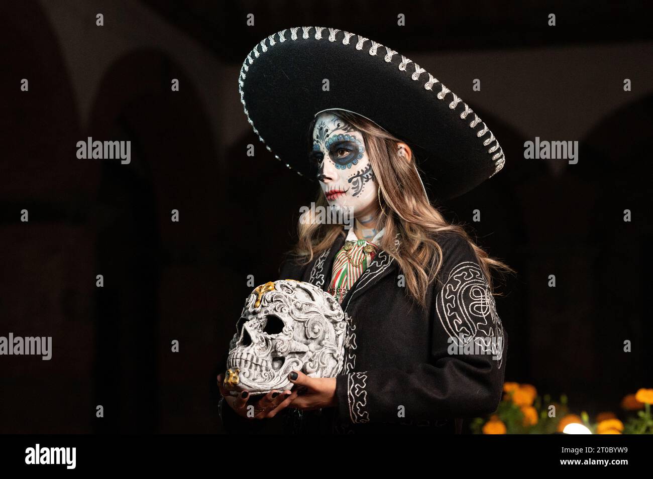 Calavera Catrina sitting on a throne. Sugar skull makeup. Dia de los ...