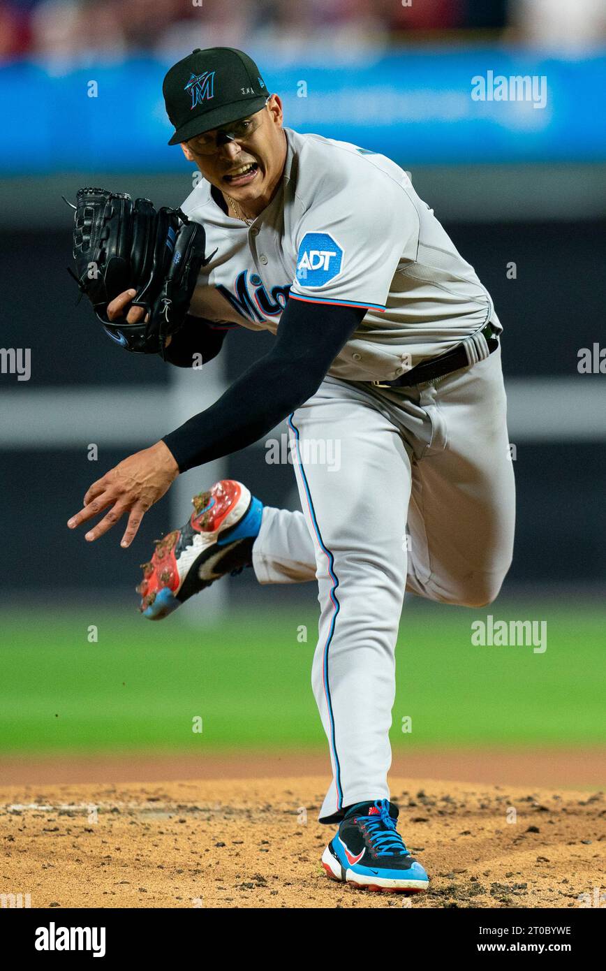 Miami Marlins starting pitcher Jesus Luzardo in action during the Game 1 in an NL wild-card ...