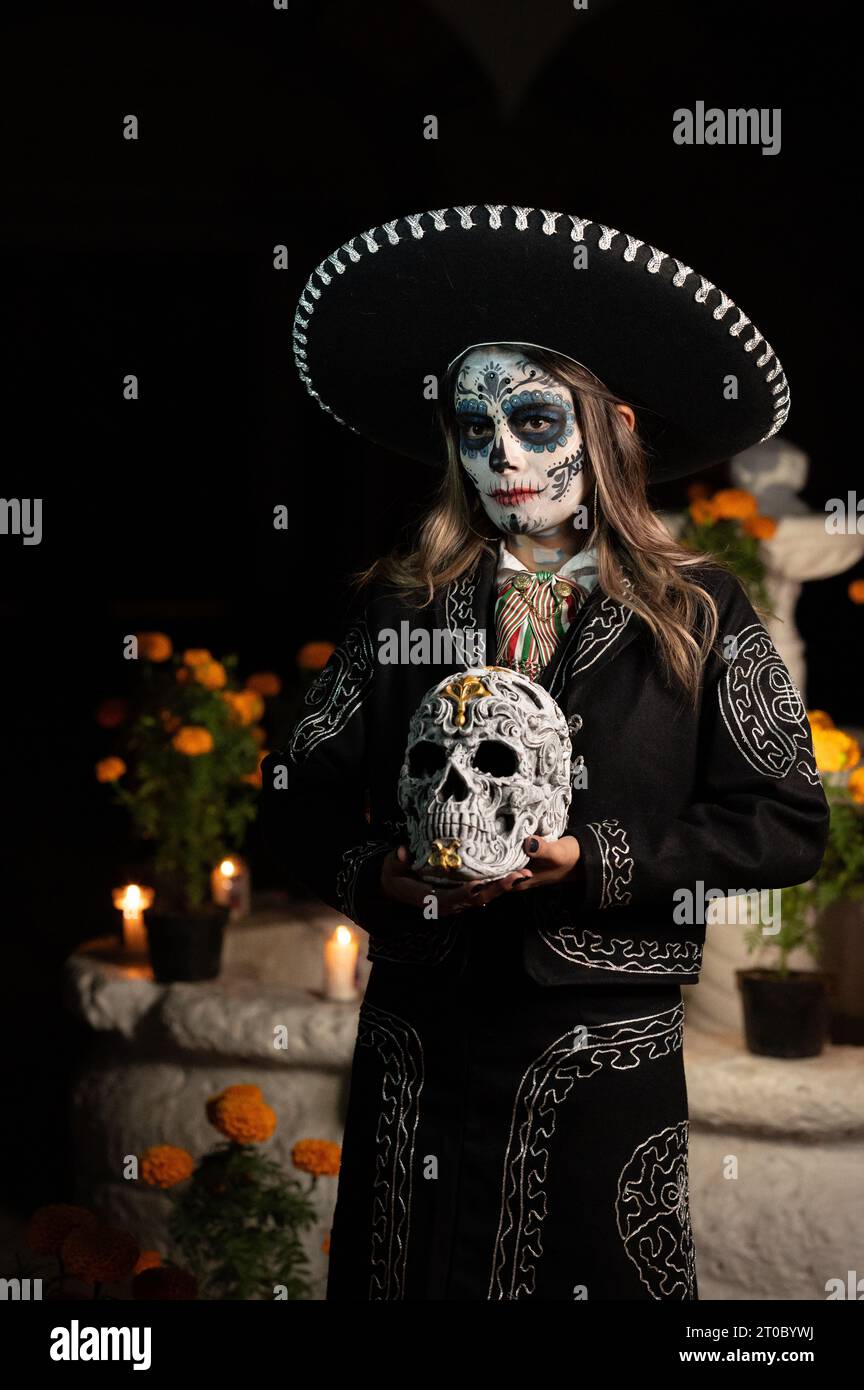Calavera Catrina sitting on a throne. Sugar skull makeup. Dia de los ...