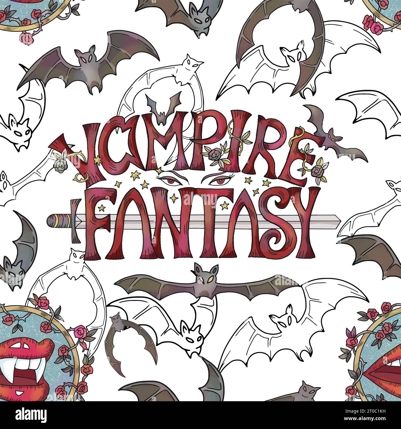 Vector seamless pattern with fantasy illustrations of vampire bats and ...