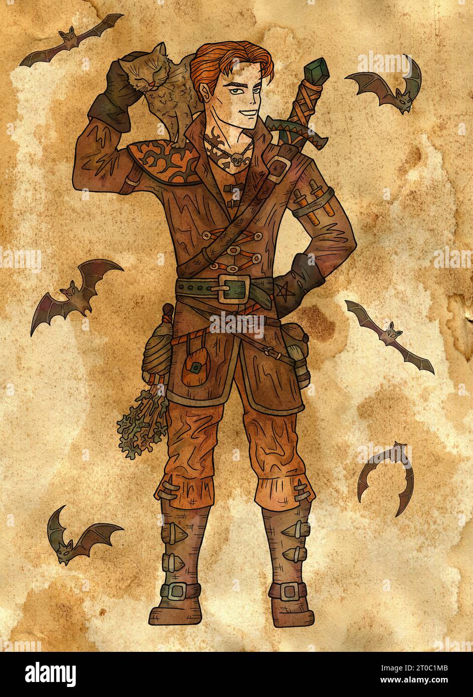 Fantasy hand drawn illustration with vampire hunter, bats and romantic ...