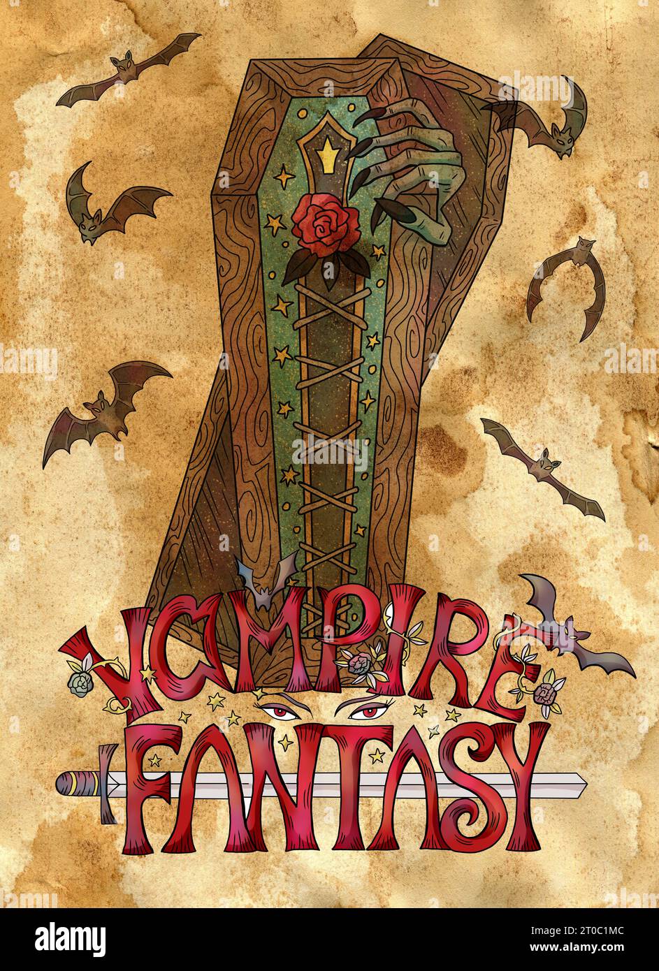 Fantasy hand drawn illustration with vampire coffin, bats and romantic ...