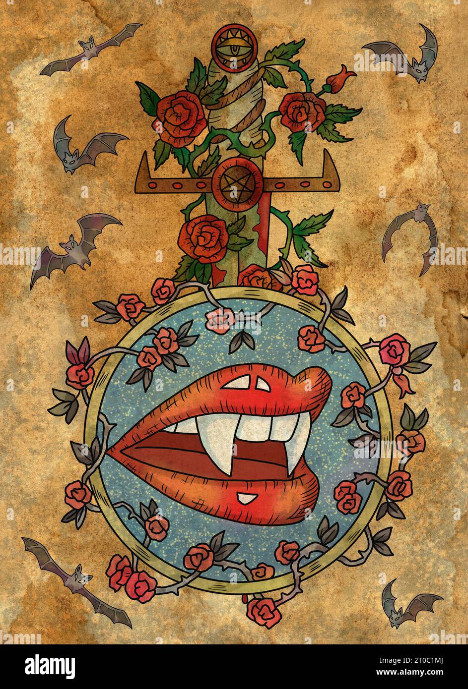 Fantasy hand drawn illustration with vampire bats, sword and romantic ...