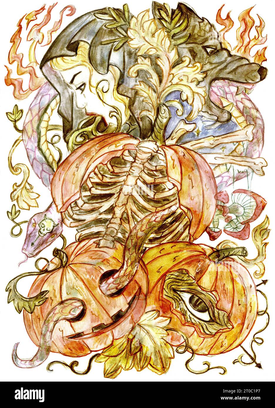 Scary mystic illustration with witch face, wolf head and pumpkins ...
